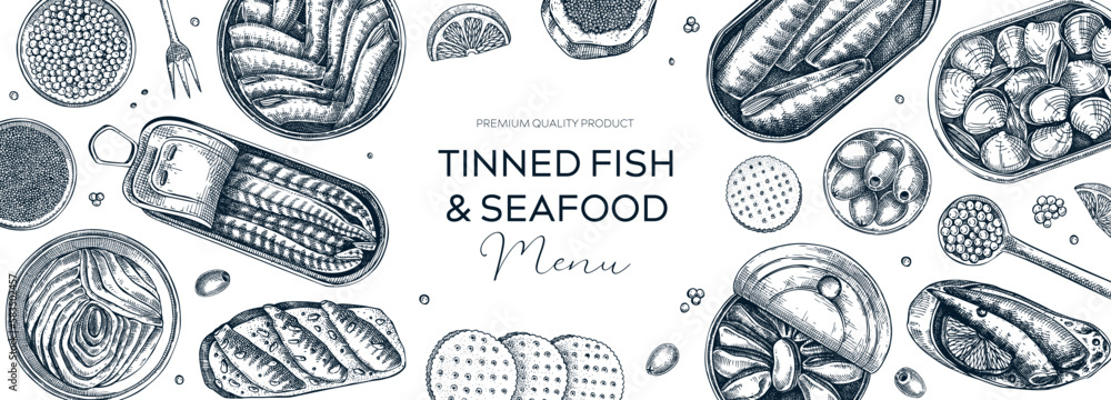 Tinned fish table design. Hand drawn seafood restaurant design in ...