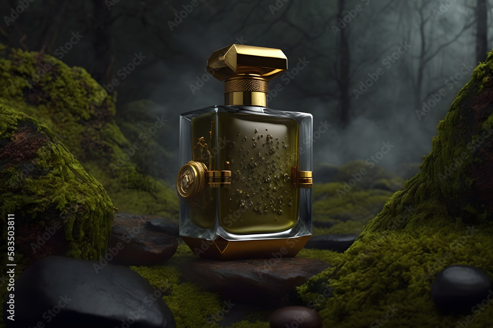 Perfume bottle in a green forest on a mossy substrate. Neural network ...