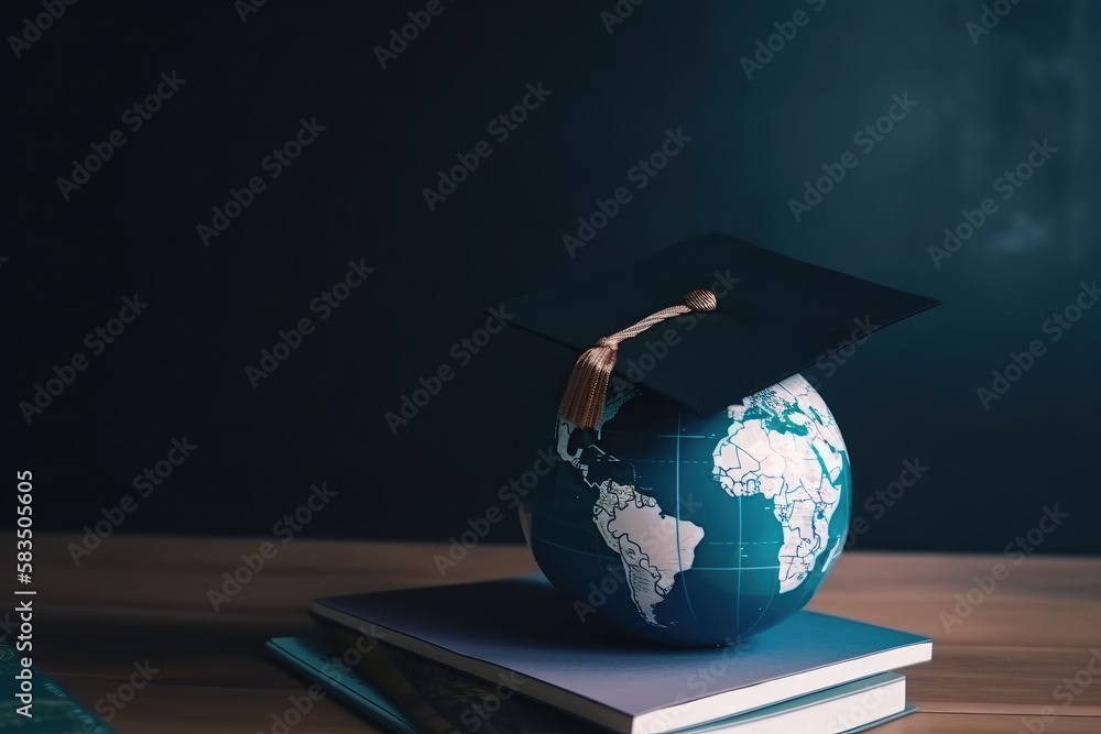 The photo showcases a graduation cap with an Earth globe, representing ...