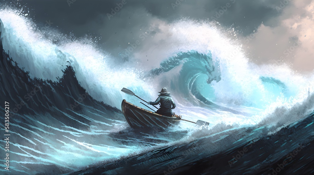 man rowing a magic boat in stormy sea with rogue waves, digital art ...