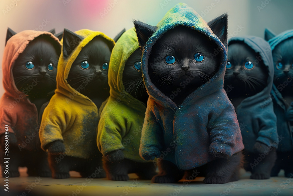 black baby cats wearing plain color hoodies with vivid color bomb ...