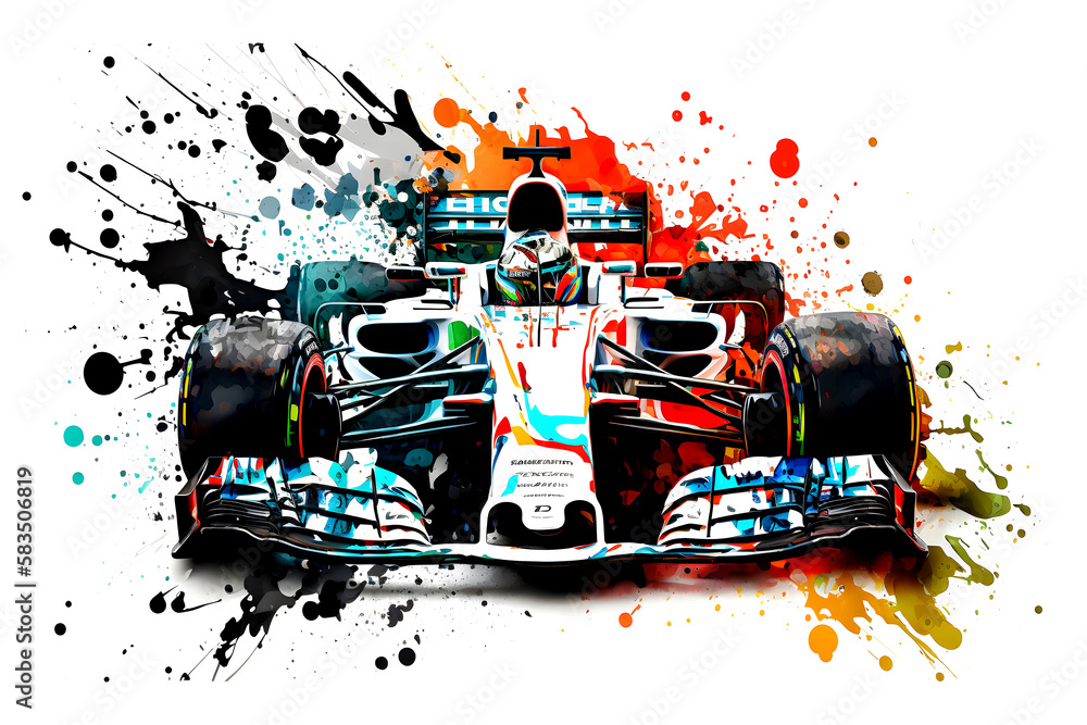 formula one race red car on watercolor rainbow splash, isolated on ...