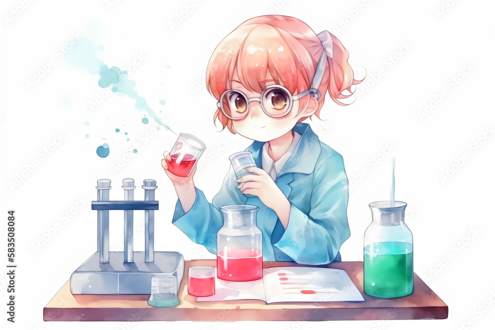 watercolor kawaii girl doing science experiments in lab, made with ...
