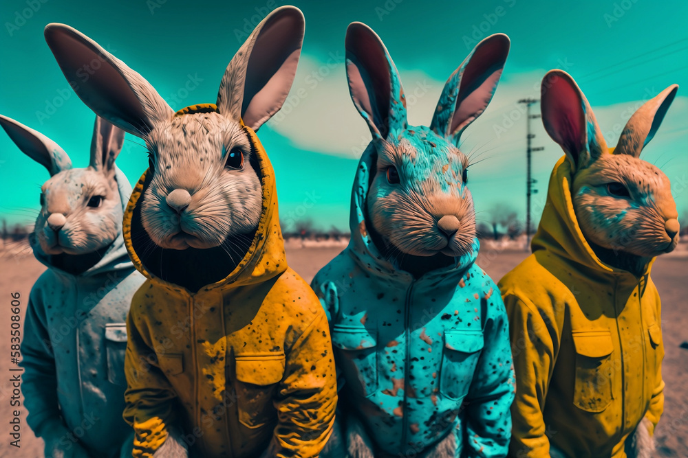 Ultra detailed group of baby rabbits wearing plain color hoodies with ...