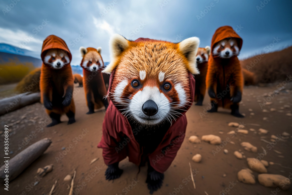 Group of colorful baby red panda with vivid color bomb explosion ...