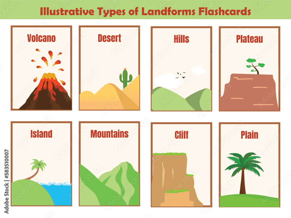 Vetor do Stock: Cream Illustrative Types of Landforms Flashcards, Kids ...