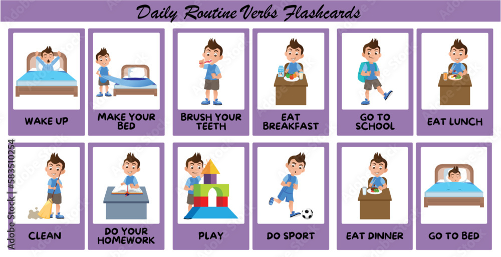 Daily Routine Verbs Flashcards, Kids learning Content, Kids learning ...