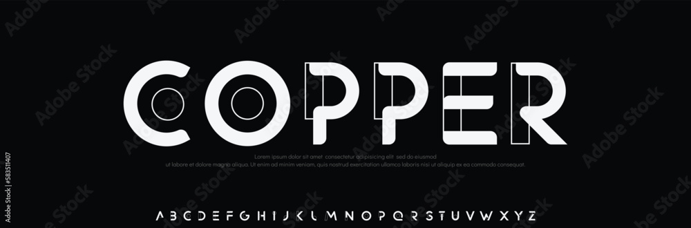 Copper, Geometric drawn font cutting edge letters outline art contour ...