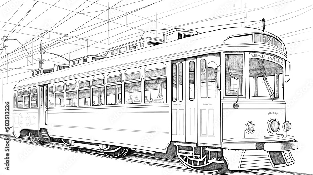 Retro Technical Tram sketches in ink & pencil, capturing iconic ...