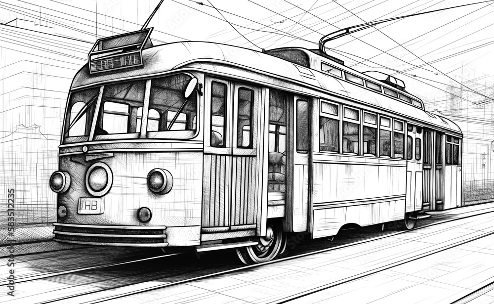Retro Technical Tram sketches in ink & pencil, capturing iconic ...