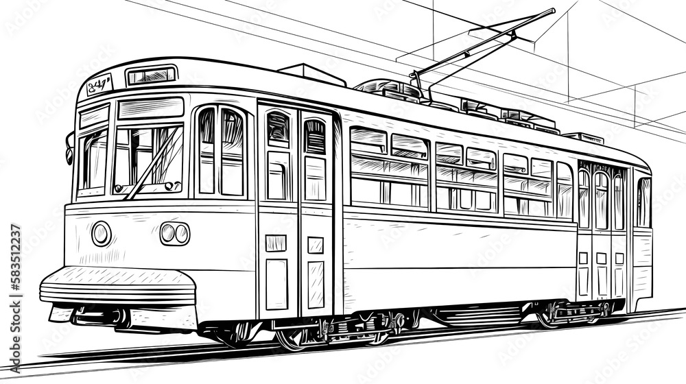 Retro Technical Tram sketches in ink & pencil, capturing iconic ...