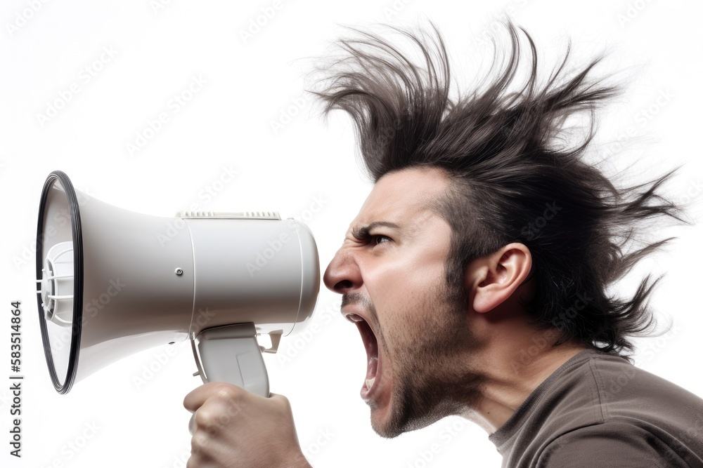 Angry man shouting at the megaphone defending his rights white ...