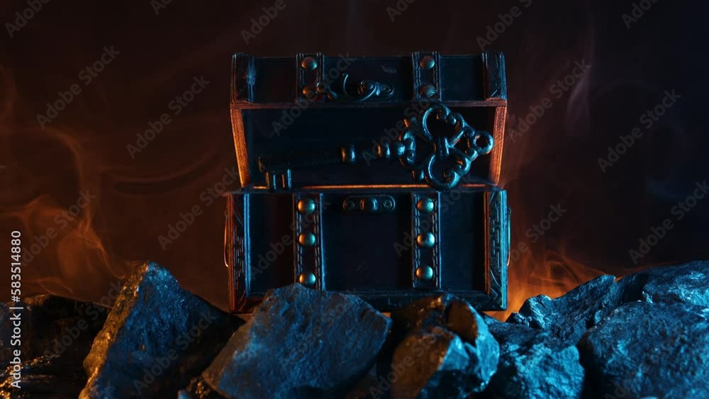 Mystical chest and key on fire on the rocks. Fantastic and fabulous ...