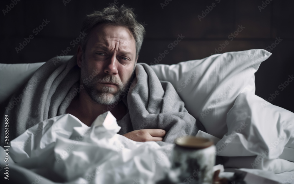 Man looking sick, having the cold. Covered in a blanket and with used ...