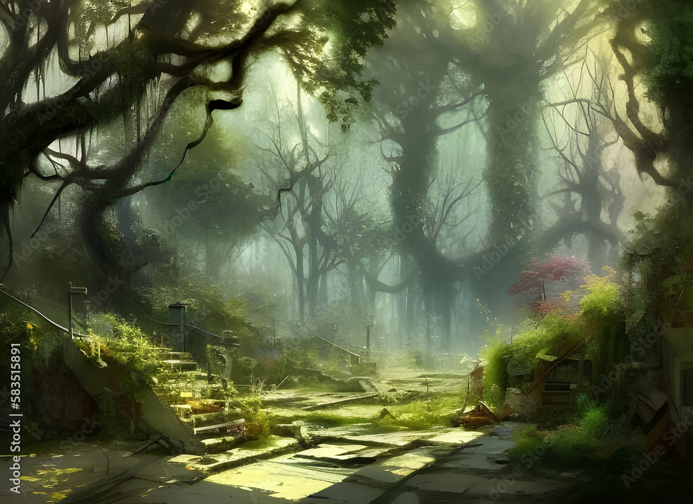 crumbling concrete stairway and pavement in the ruins of a city ...