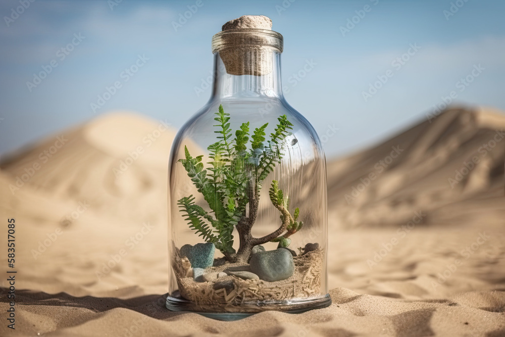 biosphere with rich green plant vegetation inside of a closed glas ...