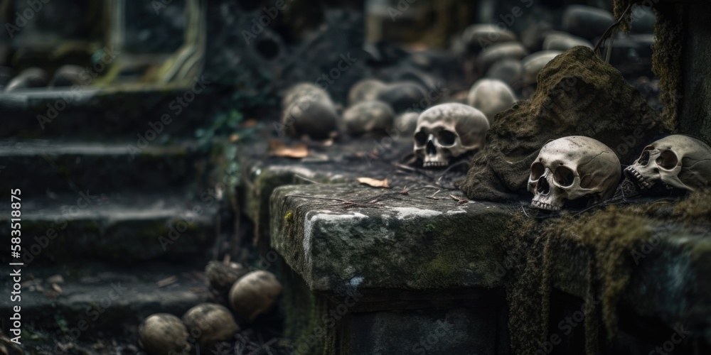 Skeletal army of the undead king littered on castle stone steps, broken ...