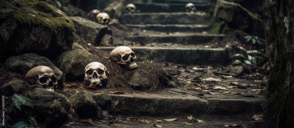 Skeletal army of the undead king littered on castle stone steps, broken ...