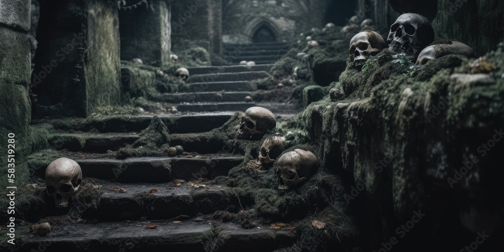Skeletal army of the undead king littered on castle stone steps, broken ...