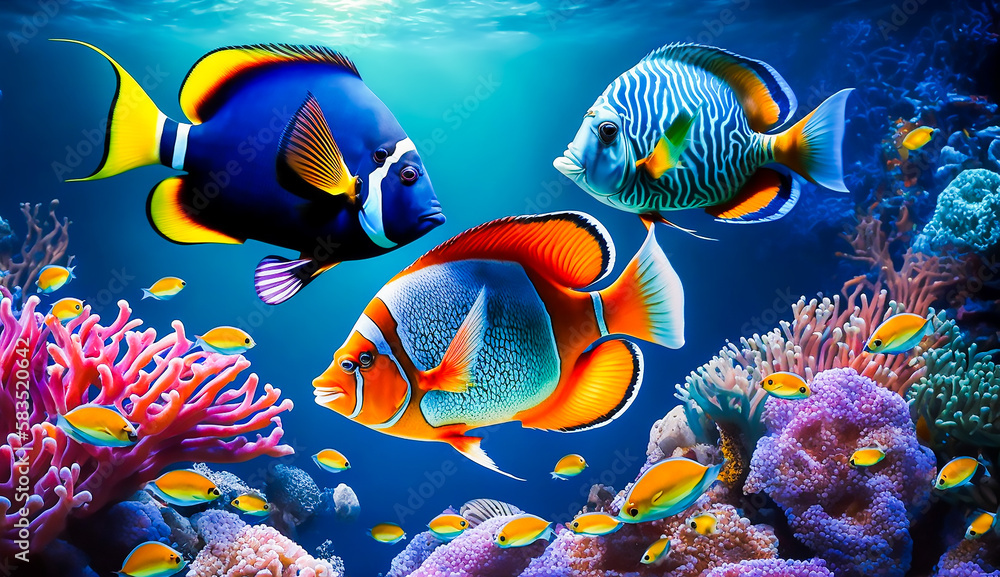 Colorful tropical fish life in the coral reef, animals of the ...