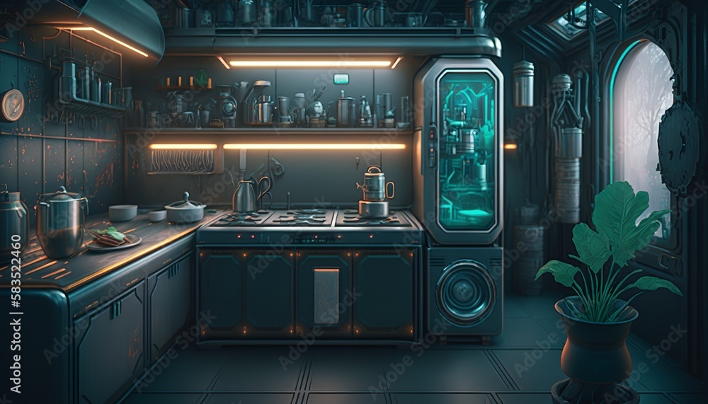Futuristic cyberpunk kitchen interior with metal walls, cabinet and ...