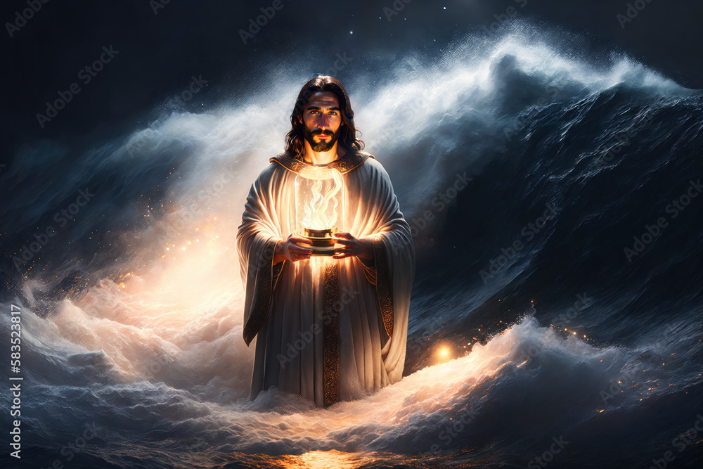 Jesus holding lantern amid stormy seas, post processed generative AI ...