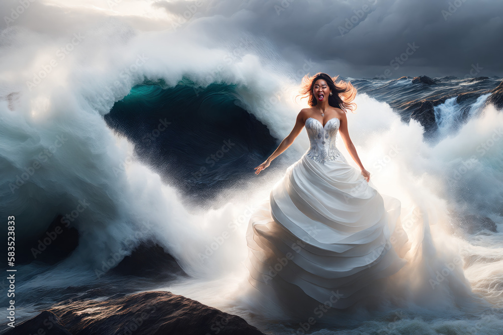 Bride in dress amid ocean waves, wedding stress concept, post processed ...