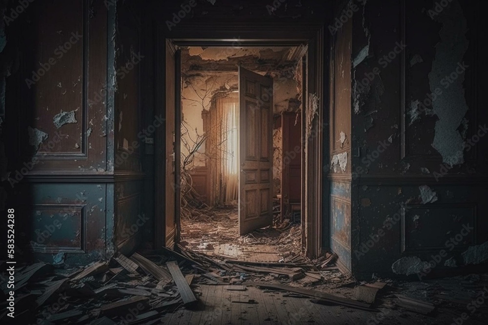 Desolate room of an abandoned house with rickety, dirty doors ...
