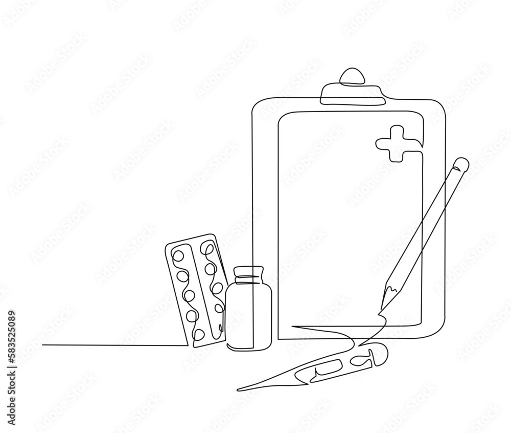 Continuous one line drawing of medicine prescription. Clipboard with ...