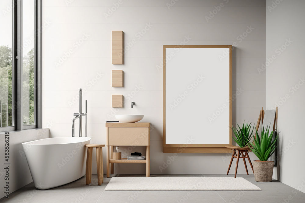 Mockup of a blank poster in a minimalist bathroom with a neutral color ...