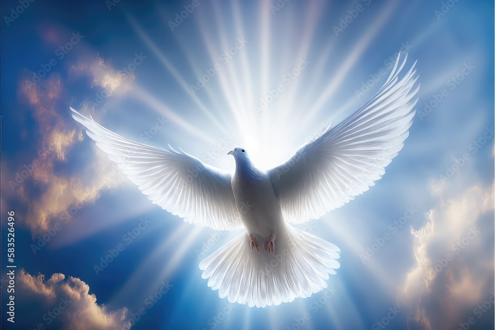 flying dove bird symbol of peace and freedom with glowing rays ...