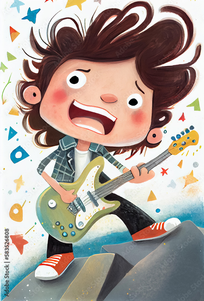 Children's book illustration, cute boy rock musician playing the ...
