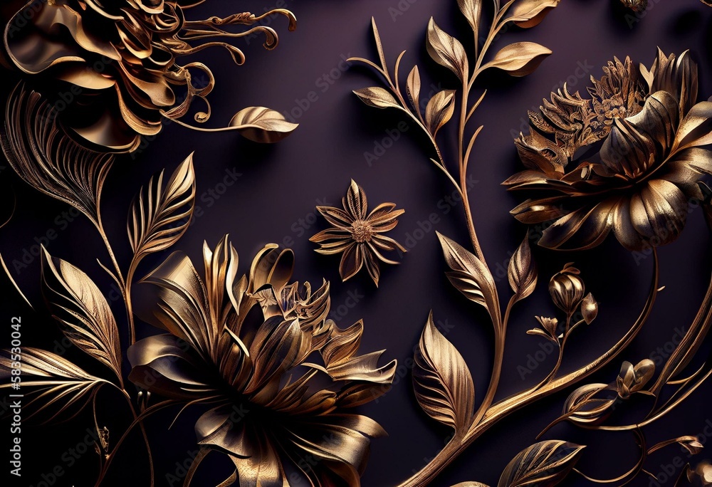 Gilded dark floral backdrop with 3D flower motifs perfect for wallpaper ...