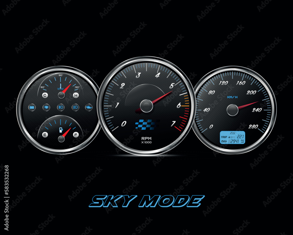 Sport Dashboard Chrome frame Car Gauges Vector with blue highlights in ...