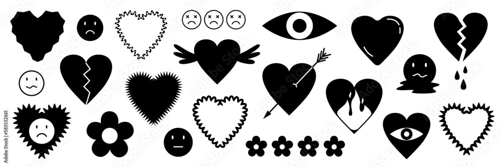 Vetor de Set of gothic hearts and elements. Unhappy love, sad smileys ...