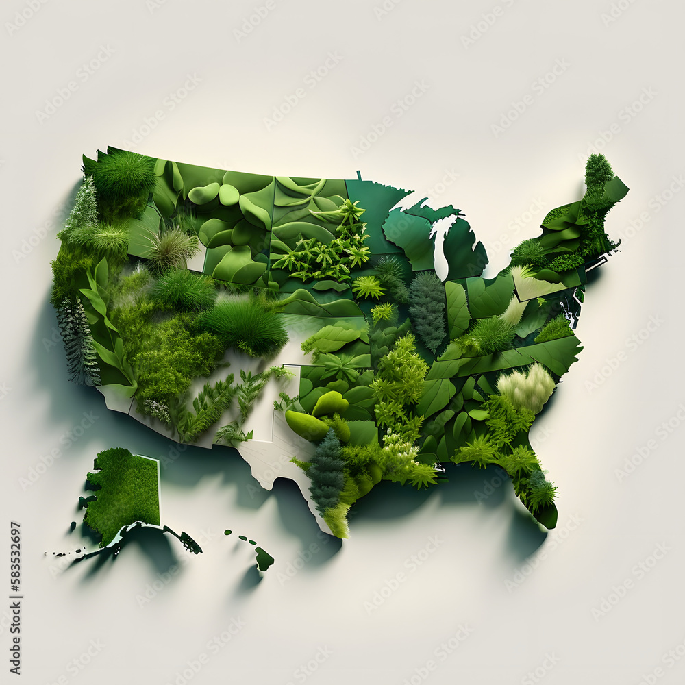 United States USA Map with Green Plants and Trees, USA Map created with ...