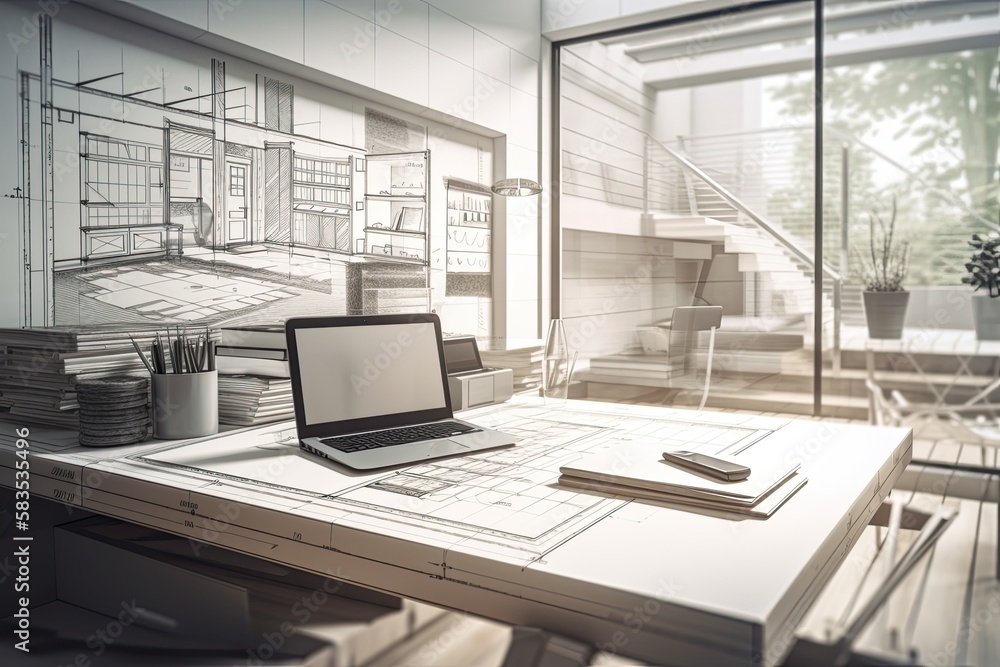 Desktop concept for an architect or designer with a laptop and tablet ...