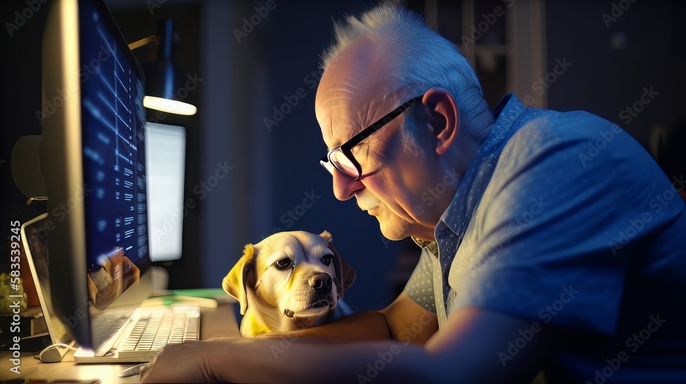 old white senior caucasian silver hair working late night using ...