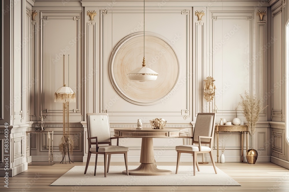 With a round table, a chair, a wall panel, and moldings, the room is ...