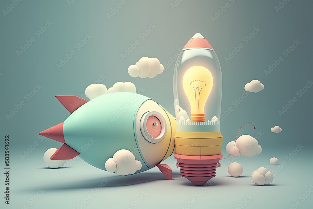 An abstract background featuring a light bulb and a rocket ship in a ...
