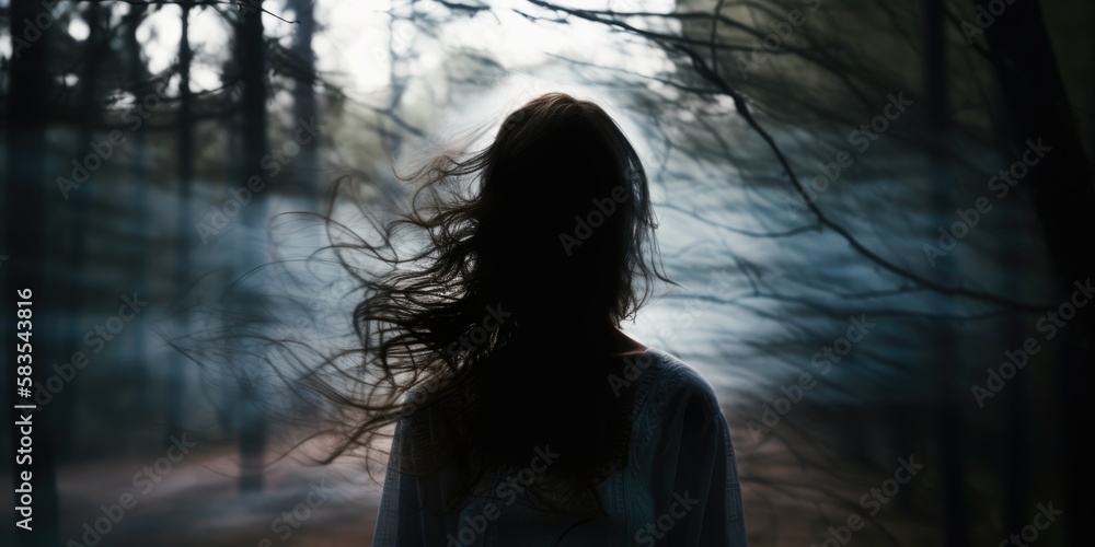 Shadow silhouette of a female spirit, paranormal haunting woodlands ...