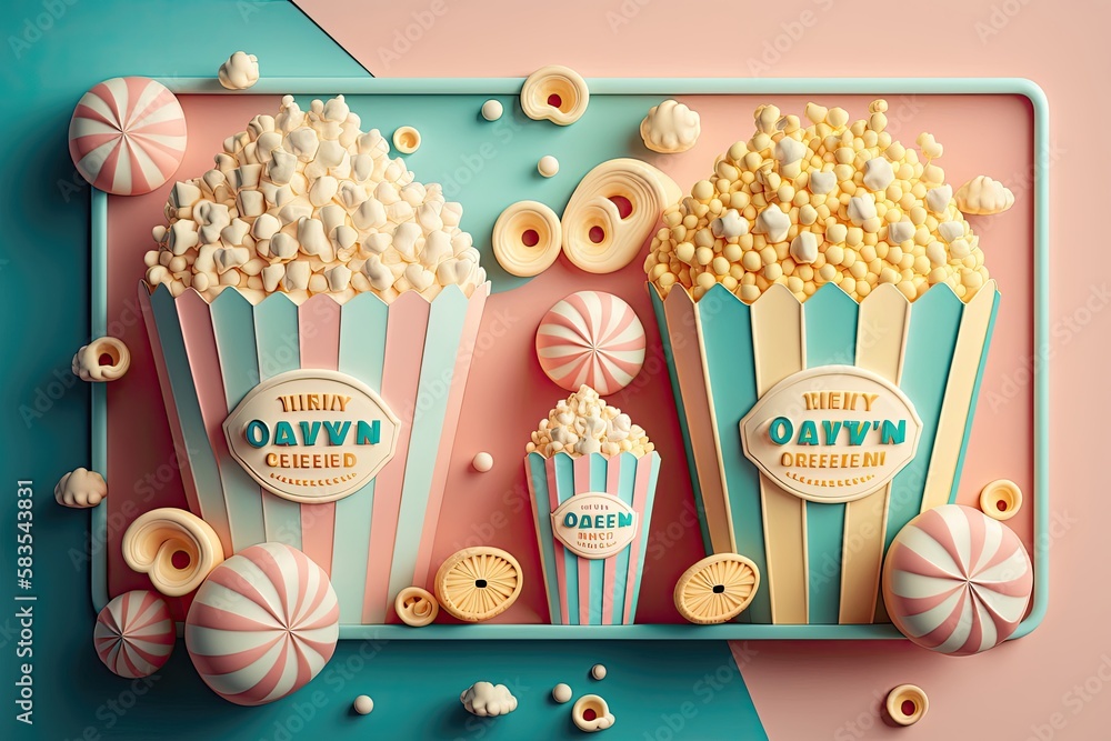 A cinema popcorn bucket overflowing with fresh, buttery popcorn in ...