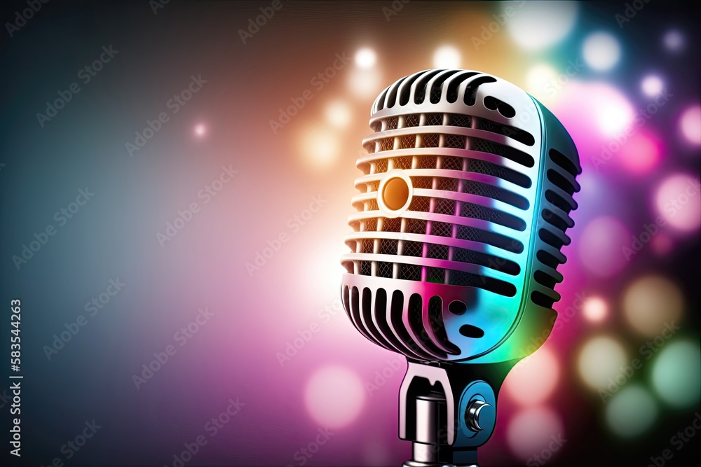 A stand-up comedy club with a spotlight shining on a microphone and ...