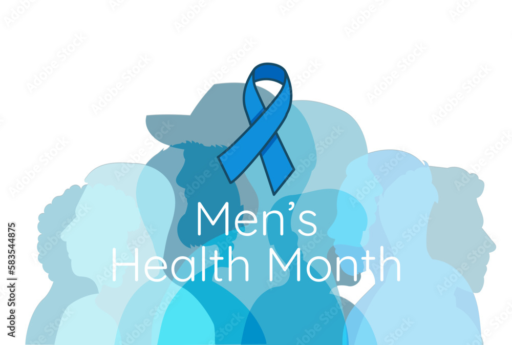Men's Health Month Design with blue awareness ribbon. Group of man ...