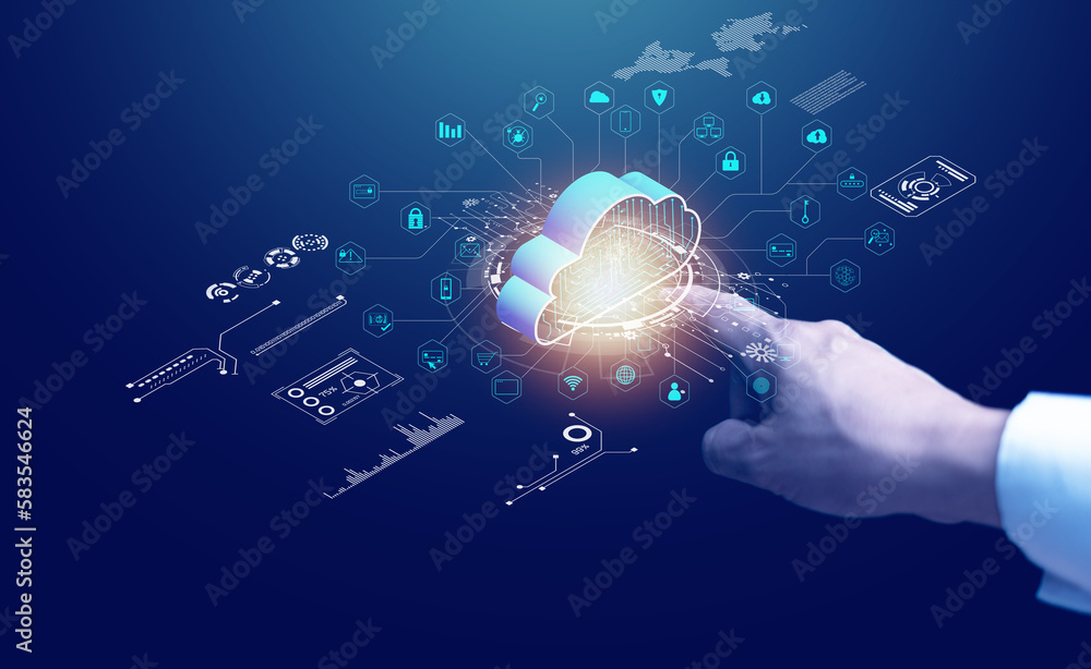 Cloud computing concept. Online computer network technology, software services, applications ...