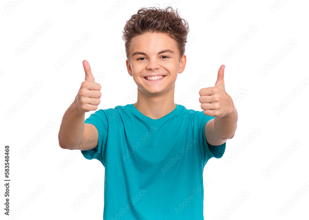 Portrait of handsome teen boy making Thumb up Gesture. Happy cute child ...