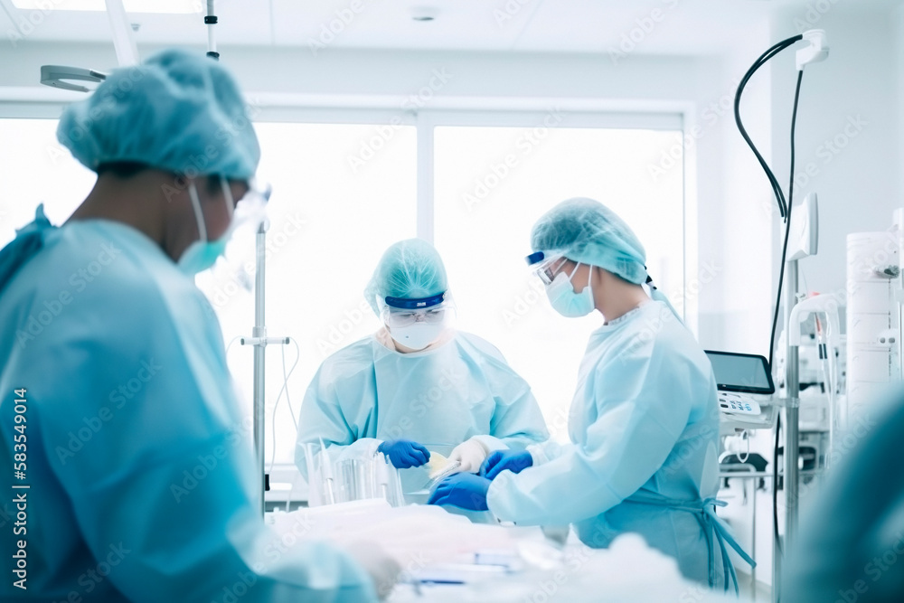 Group of concentrated surgeons in operation room at hospital, emergency ...