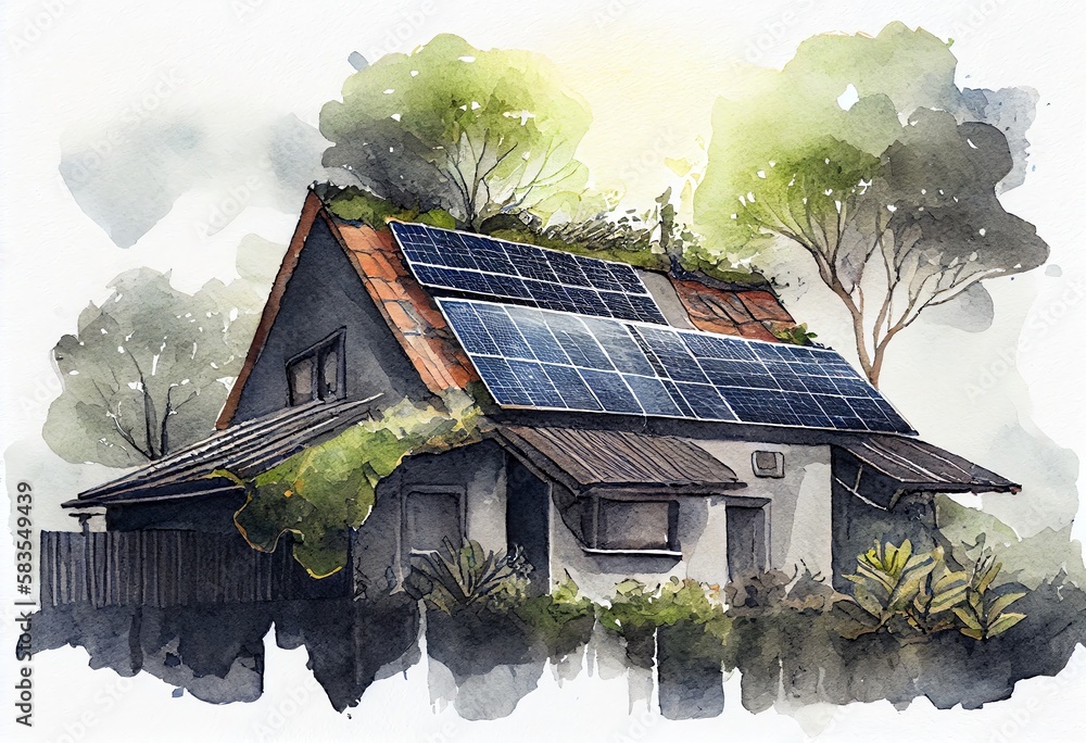 Watercolor Illustration of a House With Solar Panels On The Roof ...