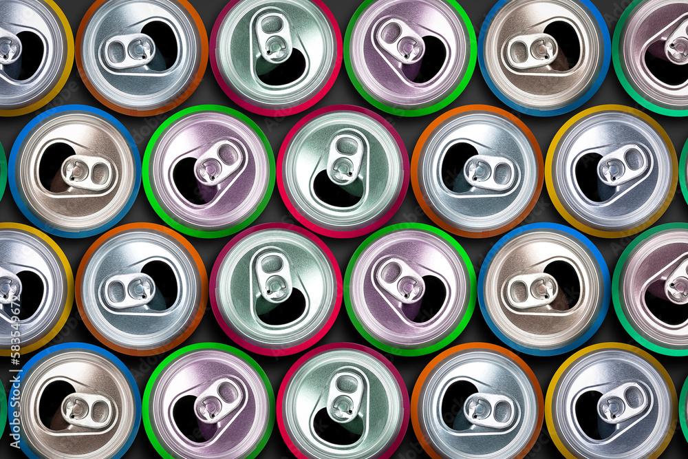 Aluminum cans. Top view. Recycling. Reuse. Beverages. Package. Stock ...