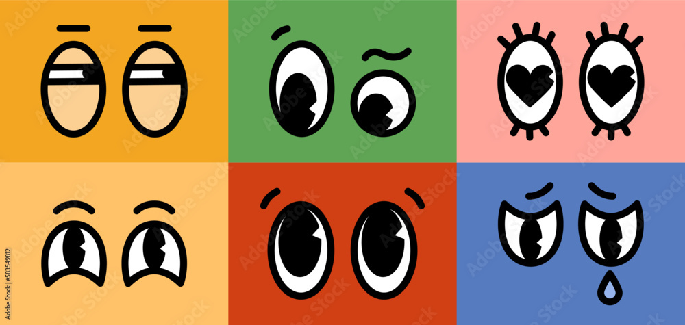 Cartoon retro character comic eyes emotions set on colored backgrounds ...